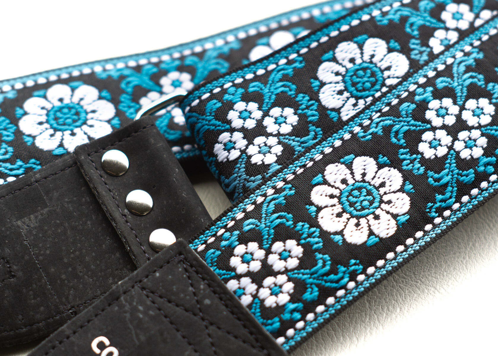 Cork Teal Flowers Guitar Strap